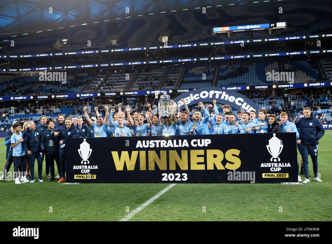 Sydney, Australia. 07th Oct, 2023. Luke Brattan of Sydney FC lifts the Australia Cup Trophy with ...