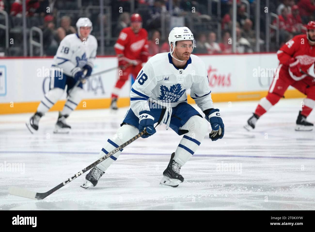 Toronto Maple Leafs center Noah Gregor (18) plays against the Detroit ...