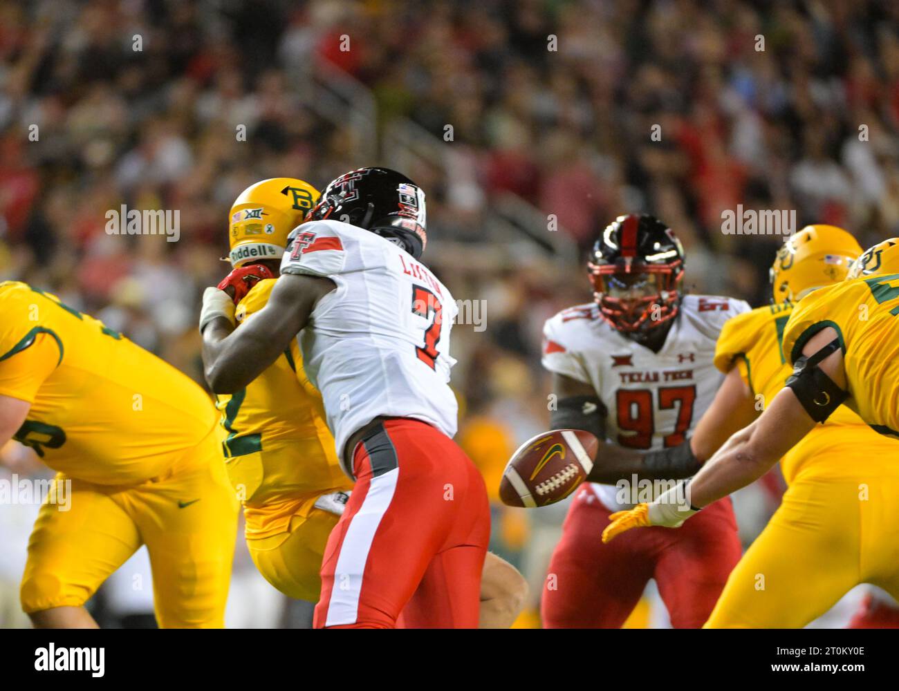 Waco, Texas, USA. 7th Oct, 2023. Texas Tech Red Raiders linebacker Steve Linton (7) sacks Baylor ...