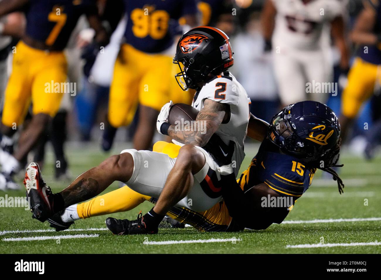 Oregon State wide receiver Anthony Gould (2) is tackled by California ...