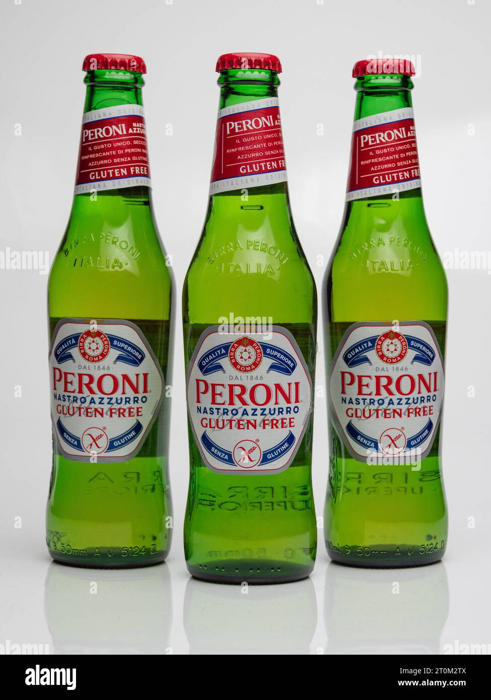 Manchester UK 30 Sept 2023 Bottles of Peroni gluten free Italian lager ...