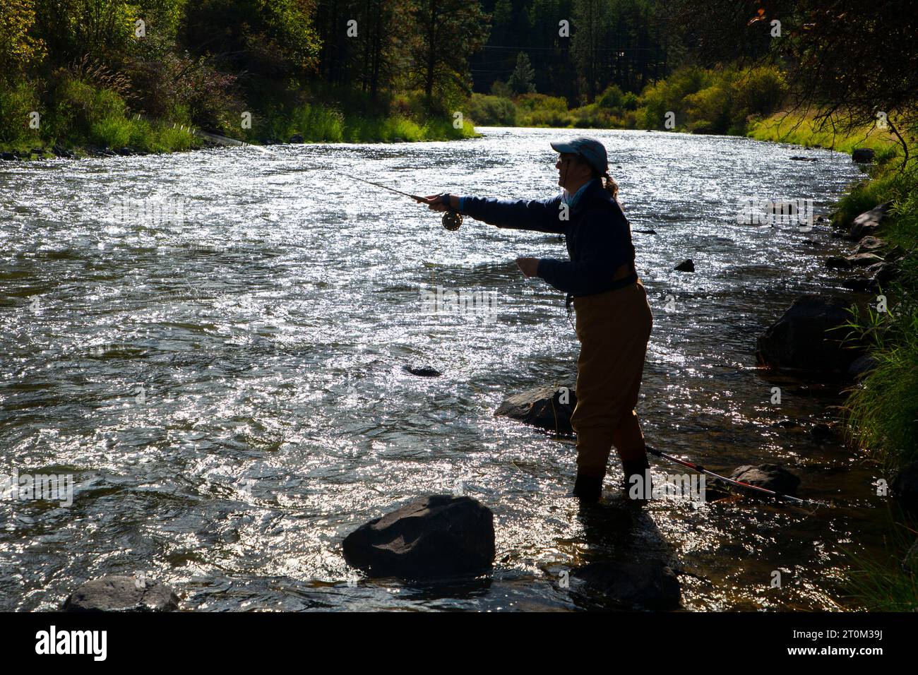 Fly fishing silhouette on Wallowa River, Wallowa Lake Highway Forest ...