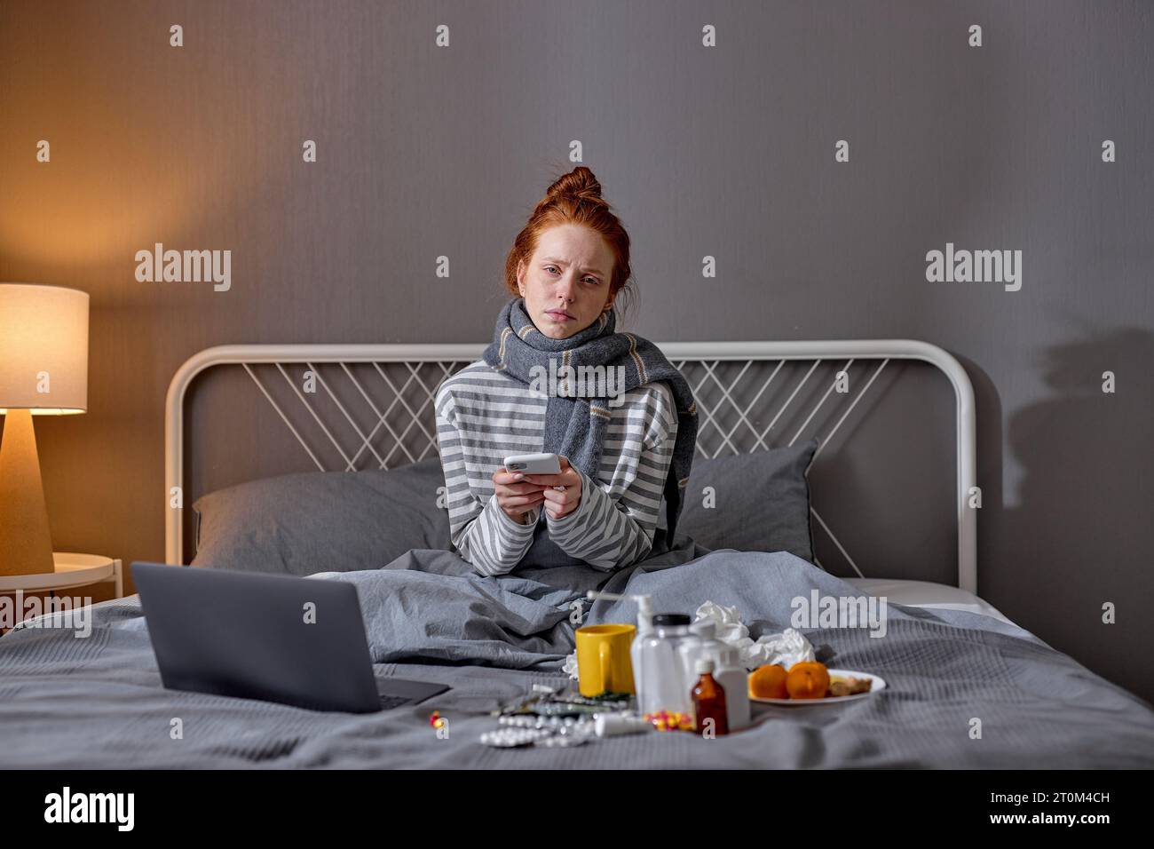 exhausted tired ginger girl is fed up illness, close up portrait ...