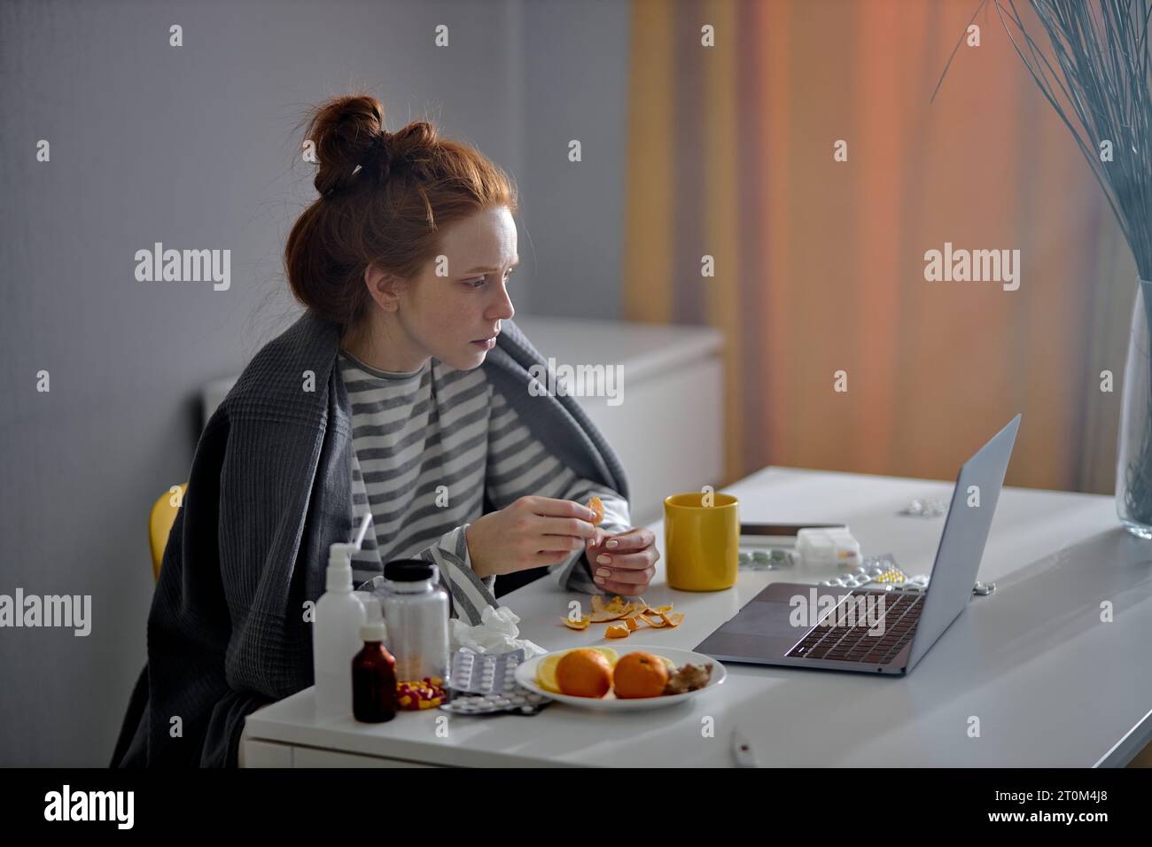 unhealthy poor female student studying online, having online lesson ...
