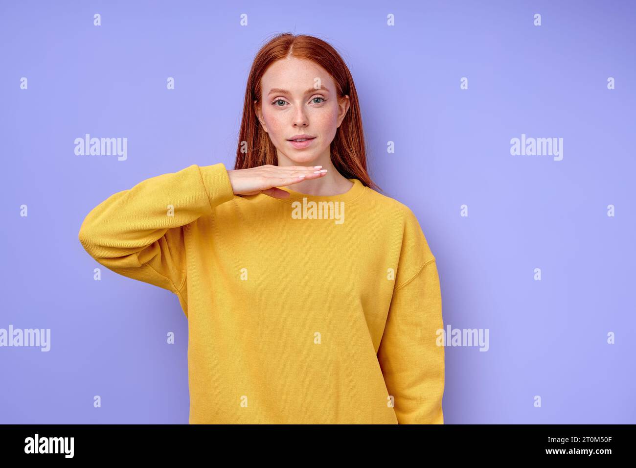 attractive ginger girl using gesture to communicate talk chat with ...