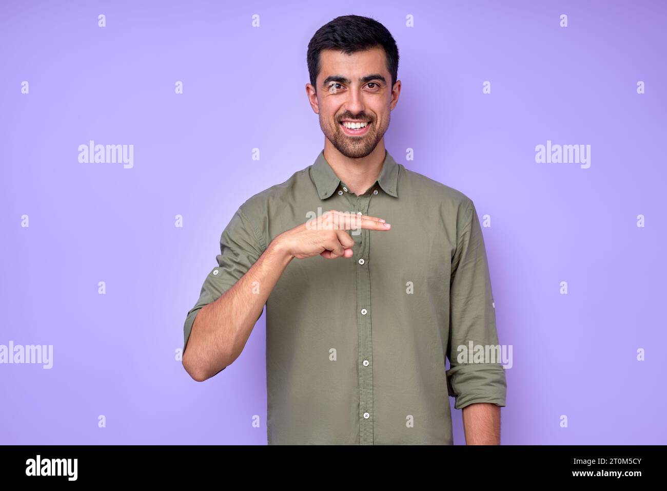 cheerful brunette bearded man demonstrating the letter H. sign language ...