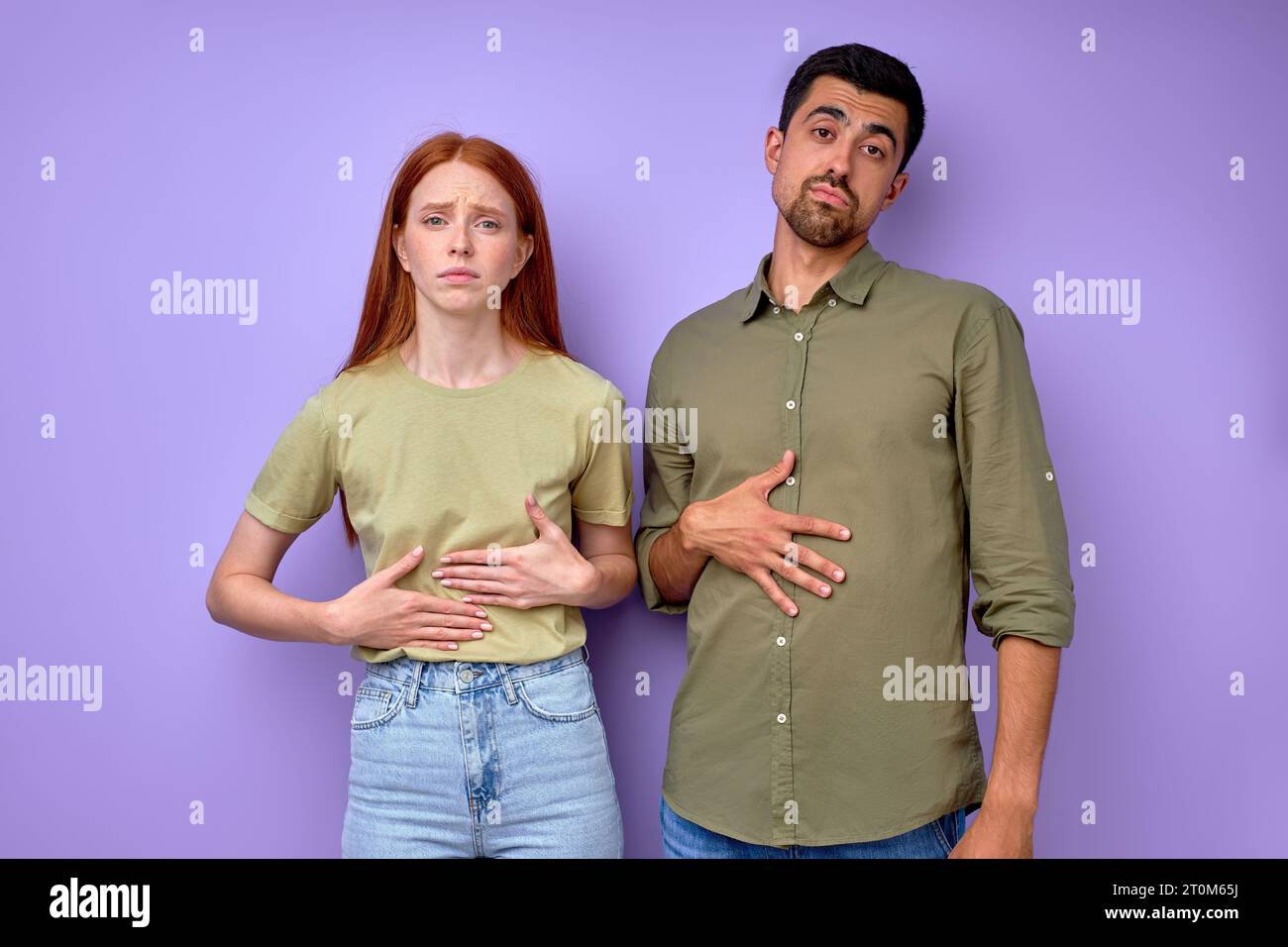 two different people deaf woman is hungry, but man is full, couple ...