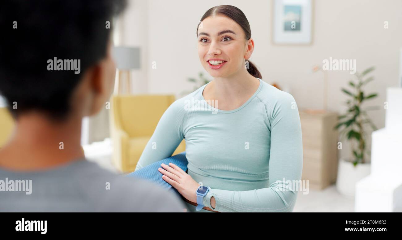 Friends, yoga and women in conversation in home for wellness, healthy ...