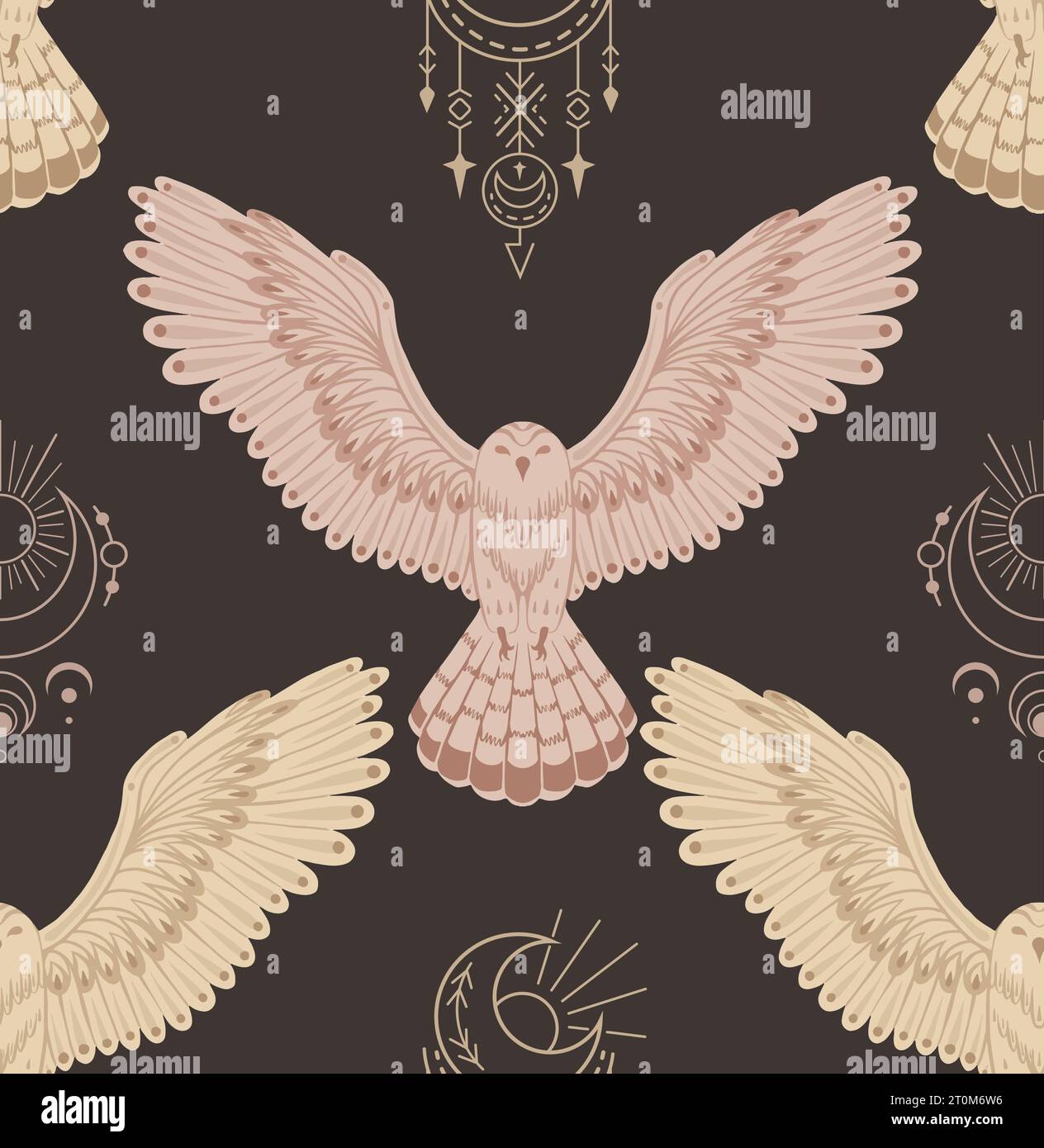 Vector flat texture owls with spread wings and boho totem on dark ...
