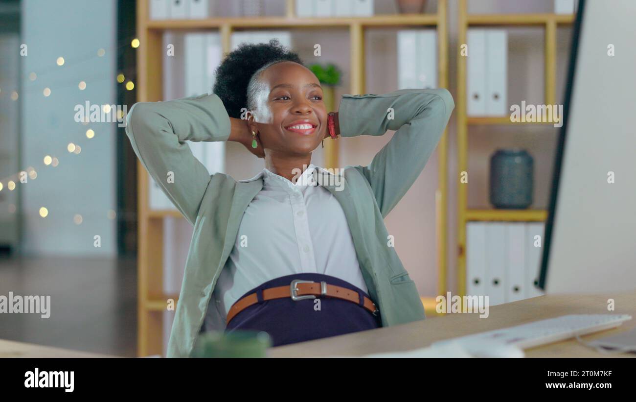 Happy black woman, relax and break at office from computer, done or ...