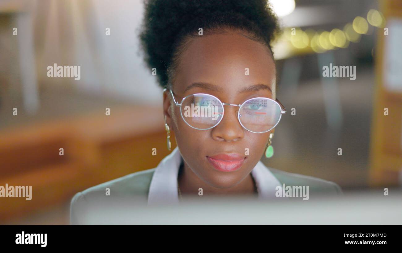 Business, thinking and black woman with glasses, solution and ...