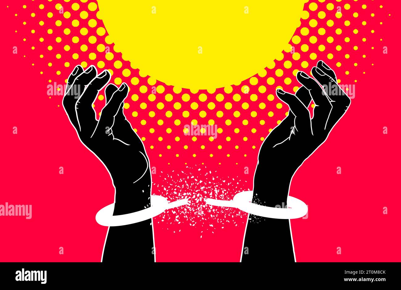 Hands, break cuffs and freedom in illustration, art or strong for human ...