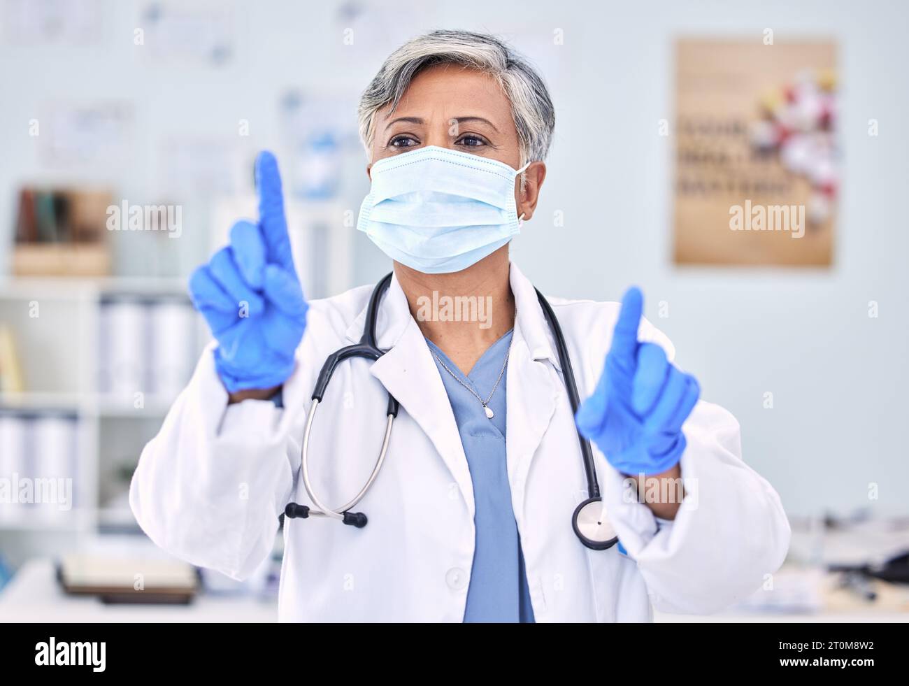 Doctor, invisible screen and woman press key on technology for ...