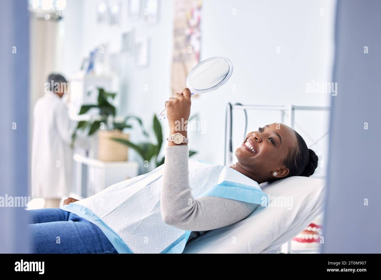 Smile, mirror and black woman at dentist on chair in clinic, tooth ...