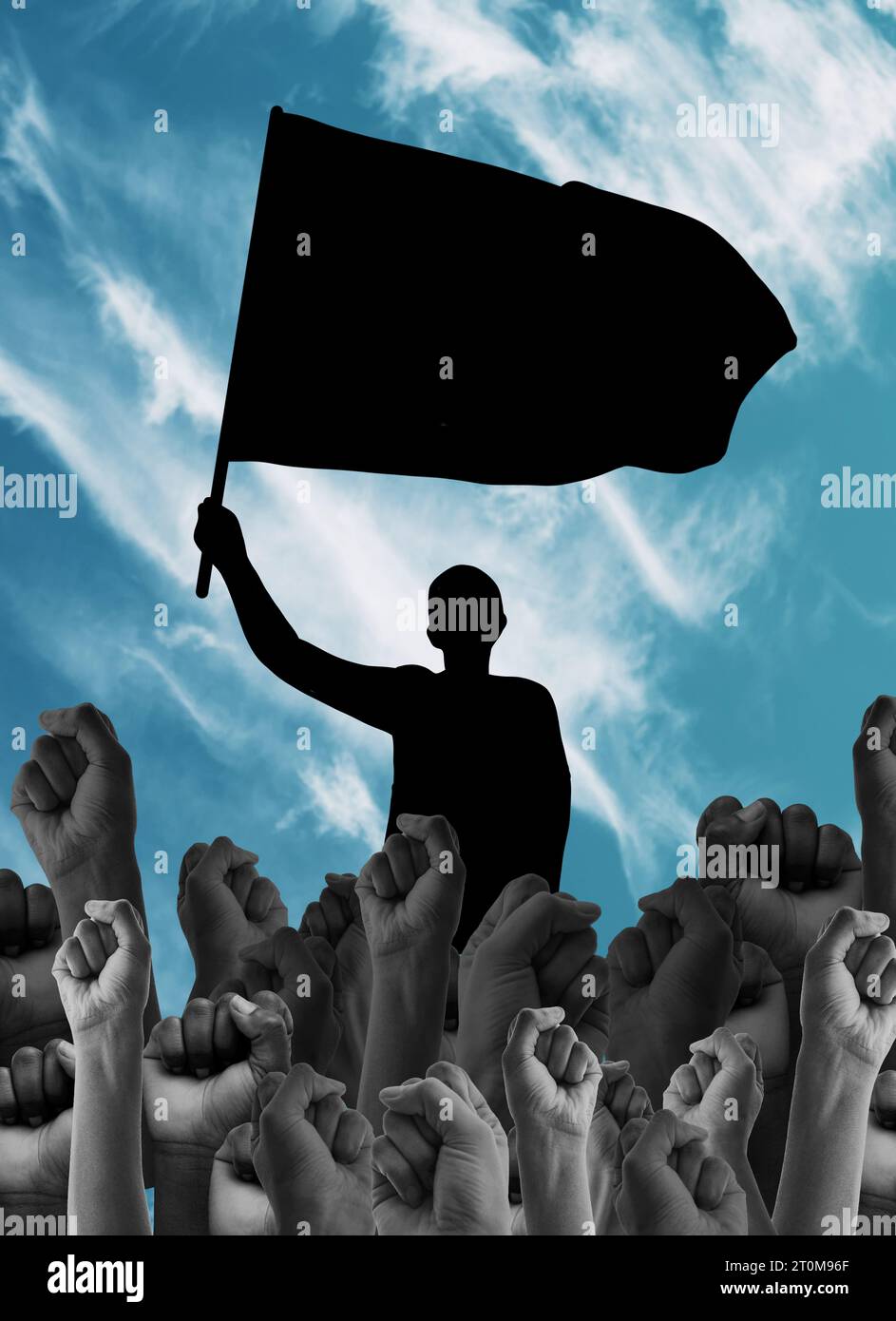 Hands, fist and freedom, human rights activism and flag with silhouette ...