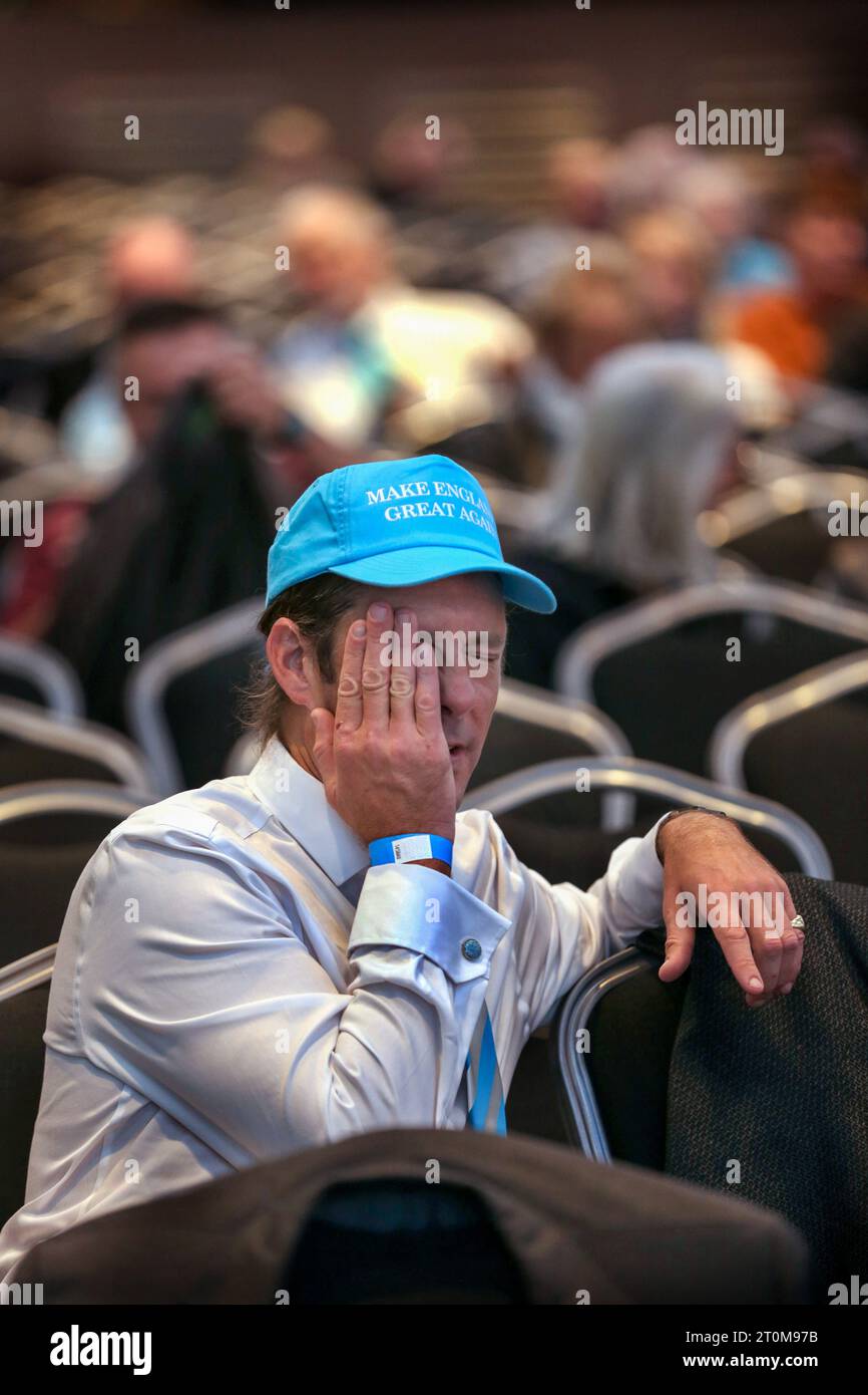 London, UK. 07th Oct, 2023. A delegate wearing a 'Make England Great ...