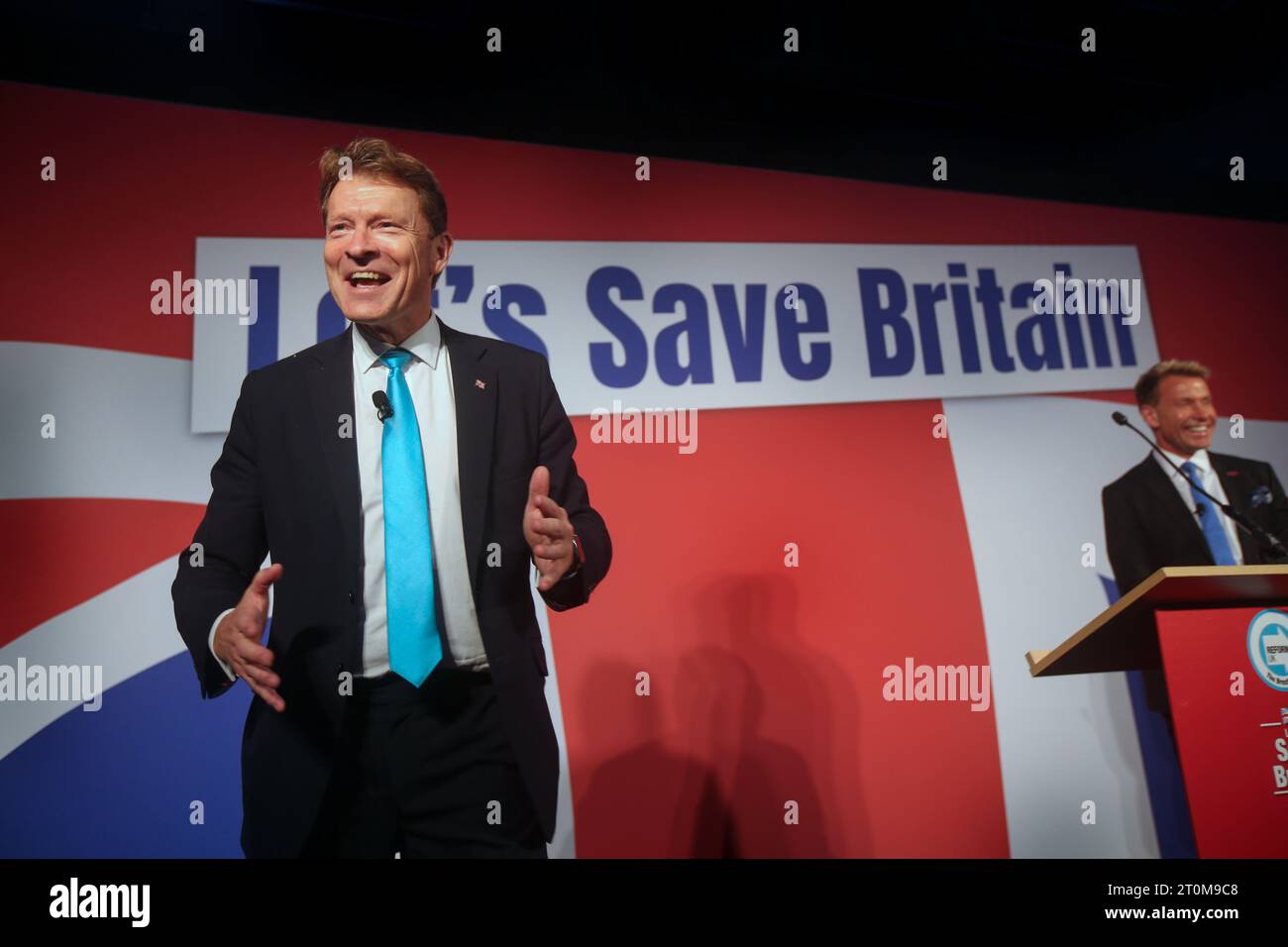 London, UK. 07th Oct, 2023. Reform UK leader Richard Tice addresses the ...