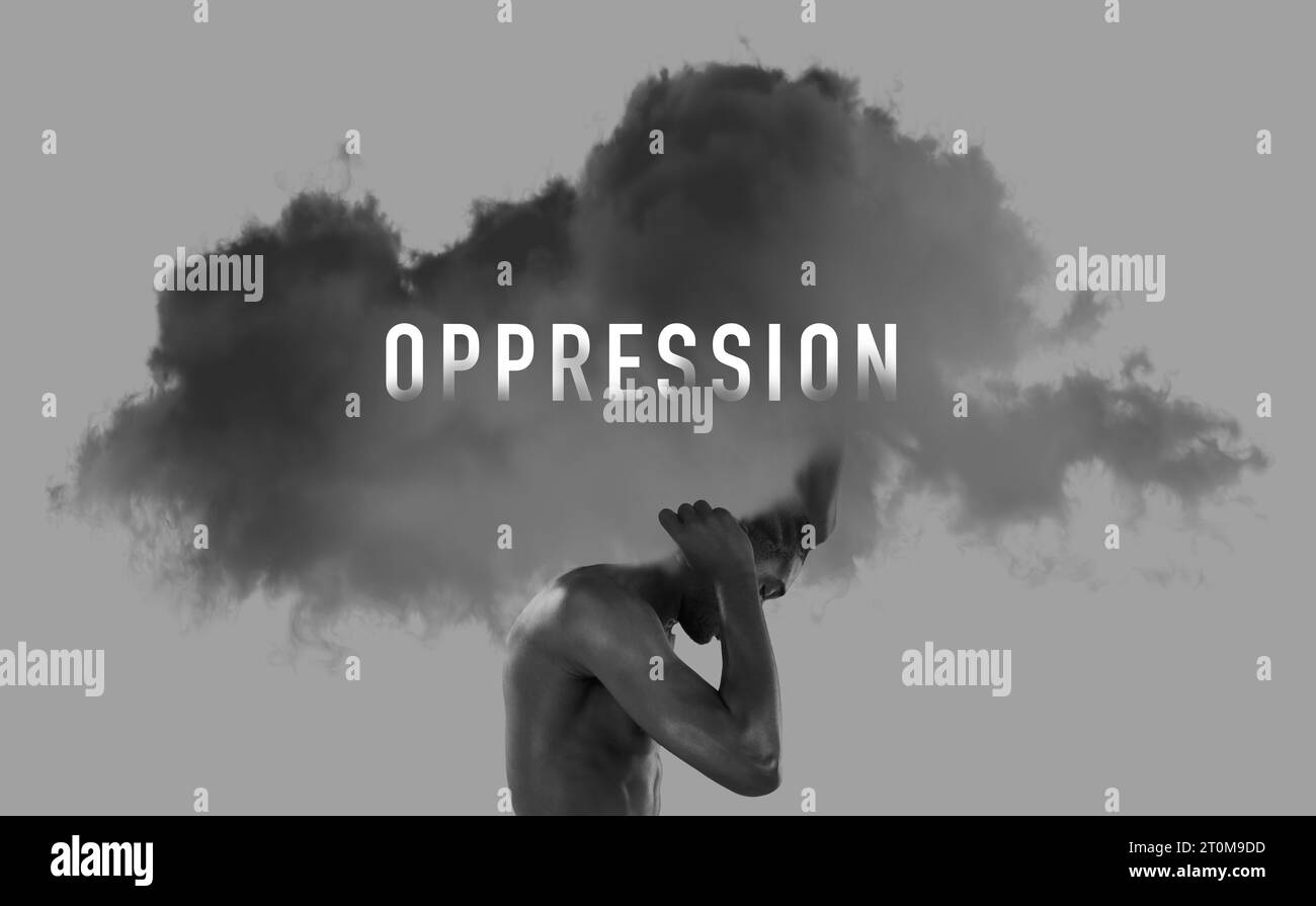 Oppression, cloud and black man with heavy burden, carrying weight or ...