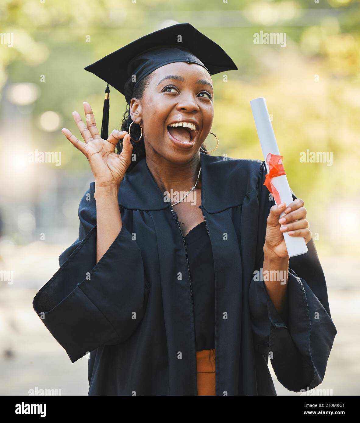 Graduate scroll, happy black woman and okay sign for learning success ...