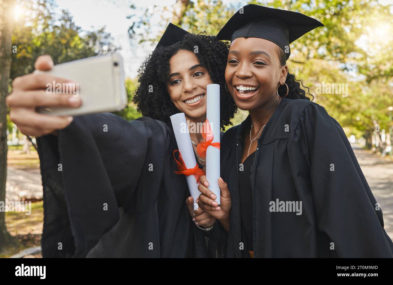 Graduation diploma, nature or happy friends selfie for learning success ...