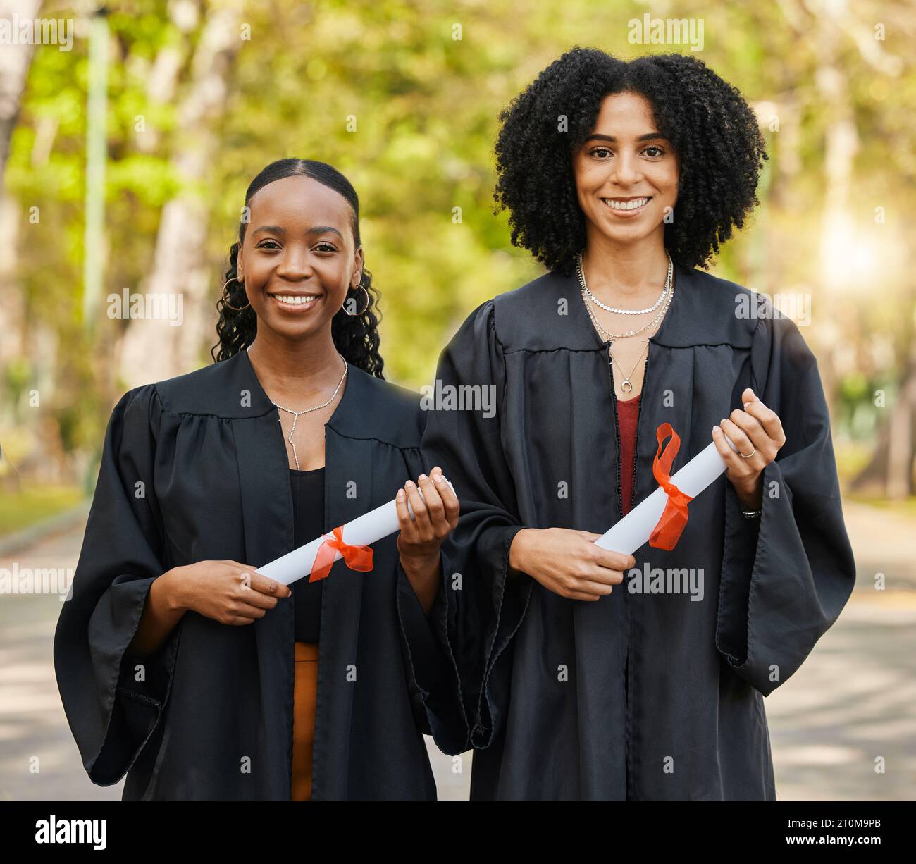 Graduate scroll, portrait women and friends happy for learning success ...