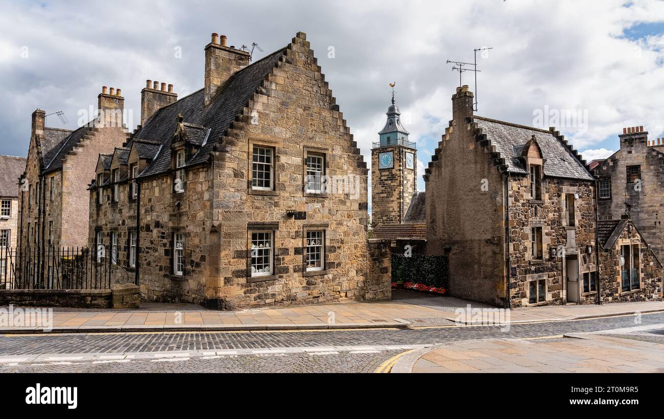 Old buildings with clock tower in the medieval city of Stirling ...