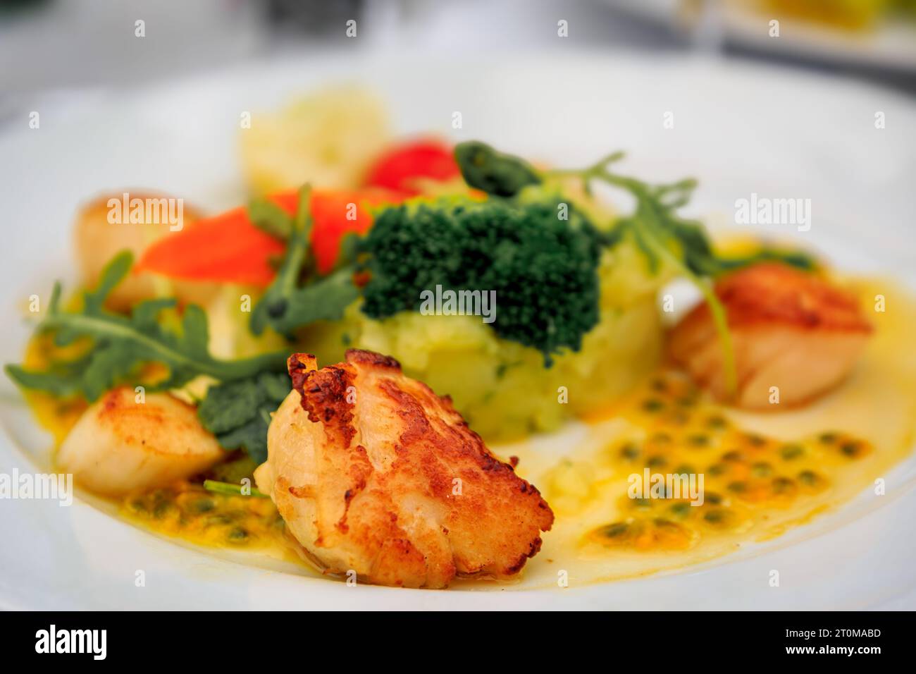 Seared scallops with potato puree, broccoli, arugula salad and passion ...