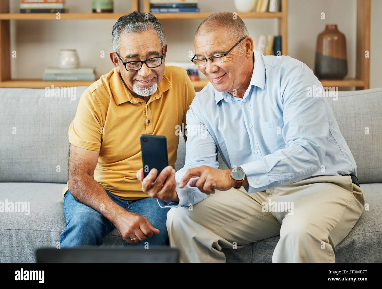 Home, friends and old men with a smartphone, typing and connection with ...