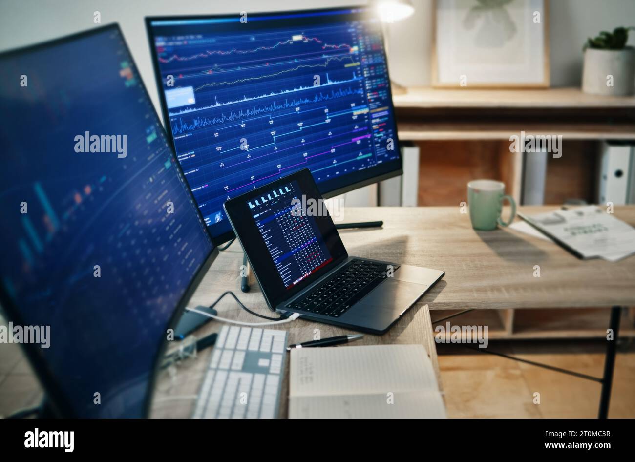 Computer screen, laptop and trading, workspace with finance dashboard ...