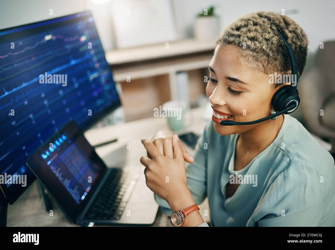 Woman, online trading and call center, finance with advice and computer ...