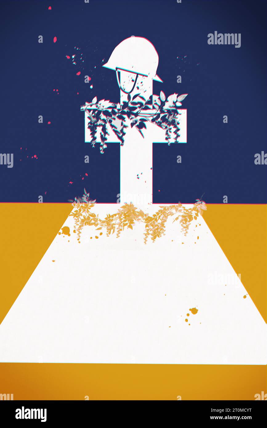 Veteran, grave and death in war with blood, flowers and memorial with ...