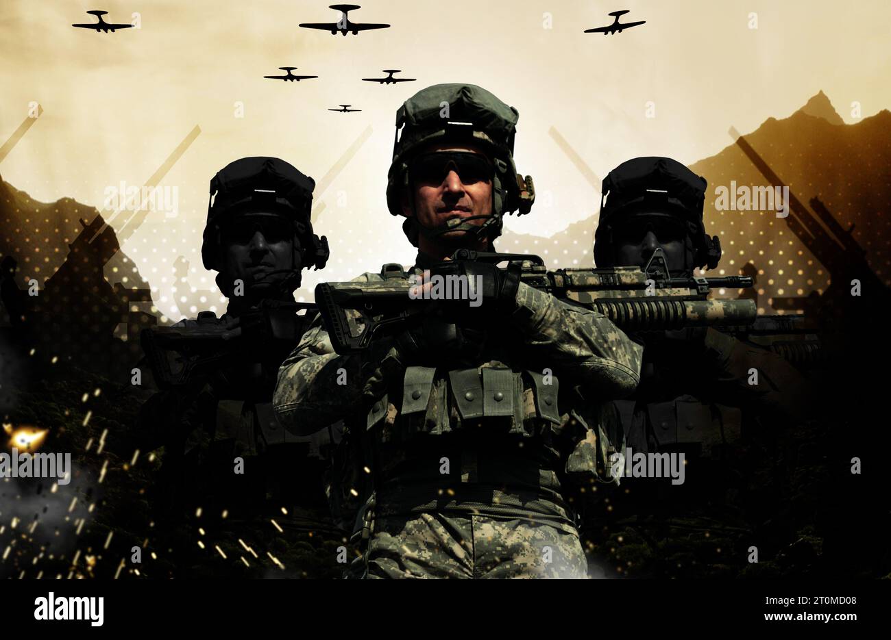 Soldier men, gun and composite on battlefield, army service or conflict ...