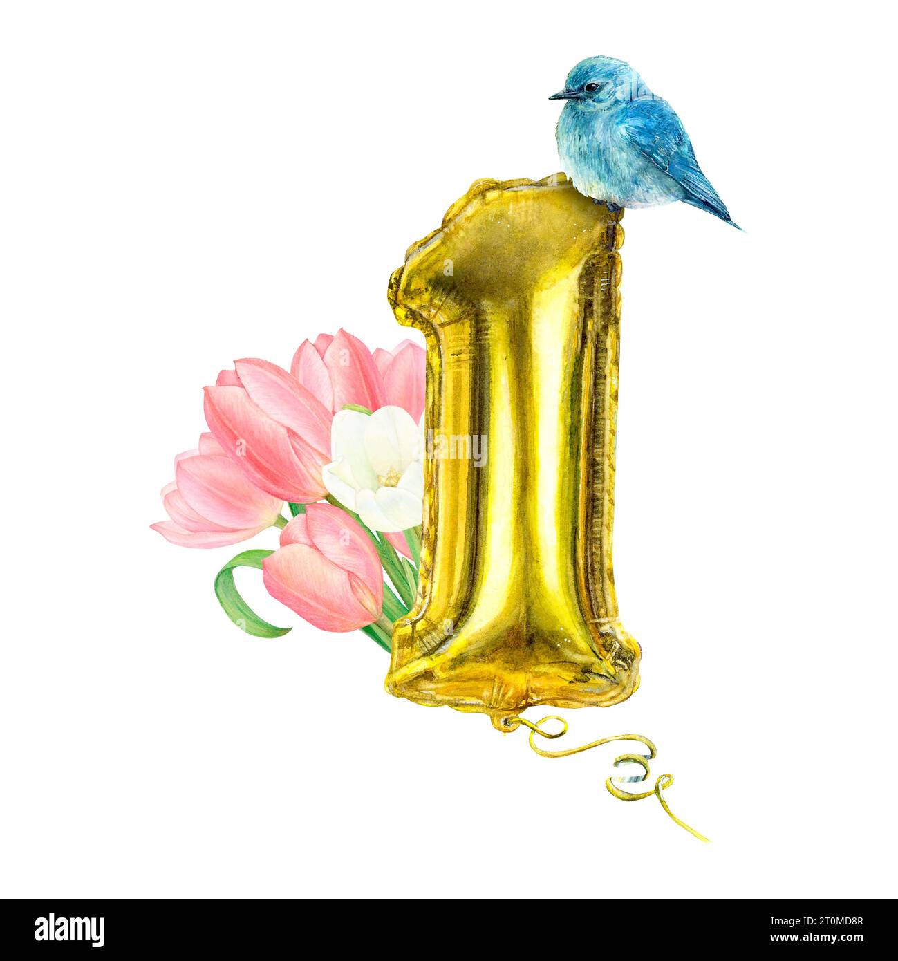 Watercolor illustration set of golden balloon and bluebird and bouquet ...