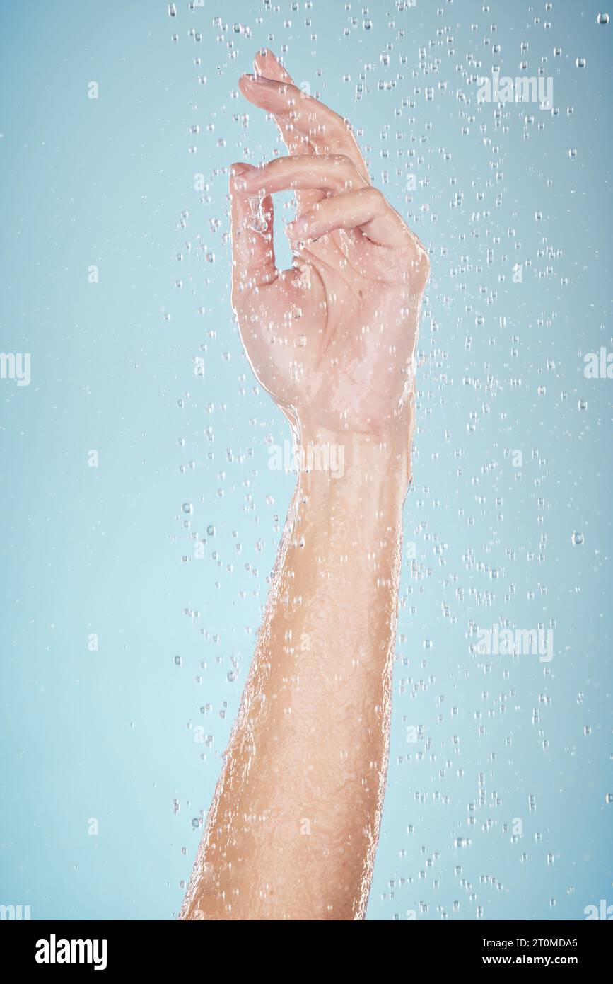 Water drops, hand and closeup with cleaning, shower and morning ...