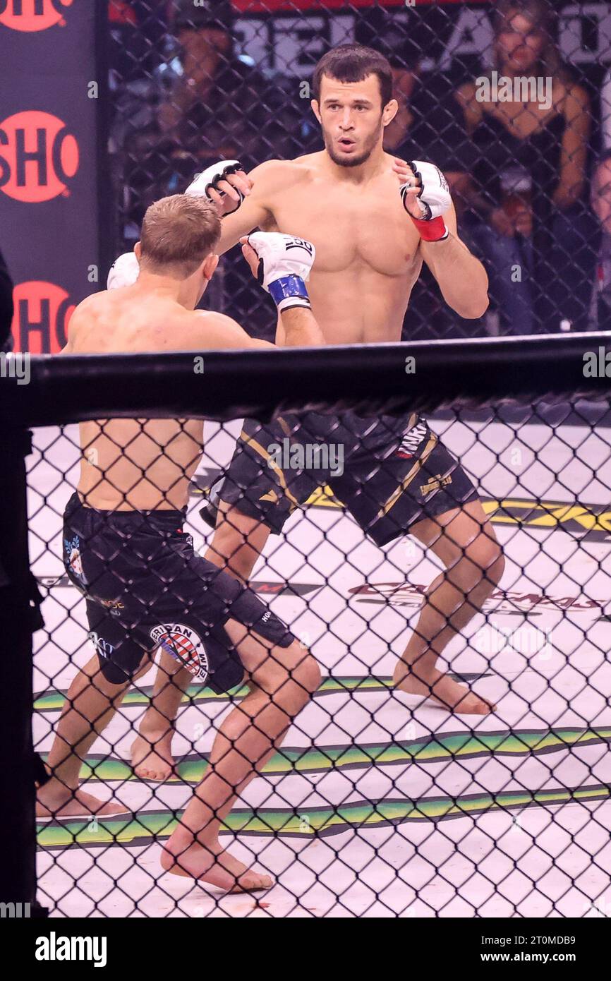 San Diego, USA. October 7, 2023: (R-L) Lightweight Champion Usman Nurmagomedov and Brent Primus ...