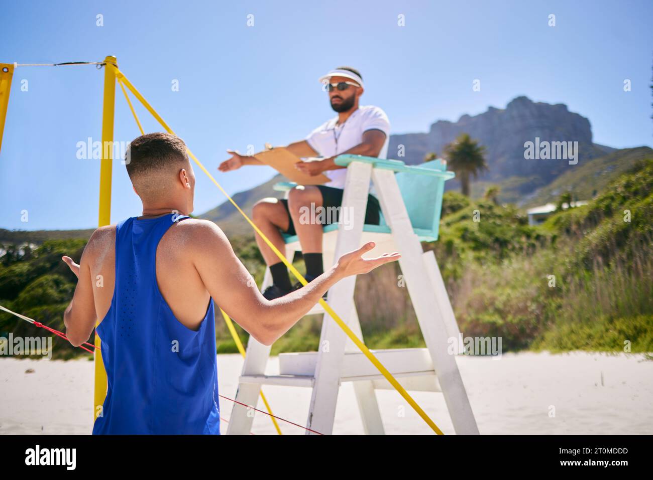 Volleyball, angry referee and man rules in match, competition and sport ...
