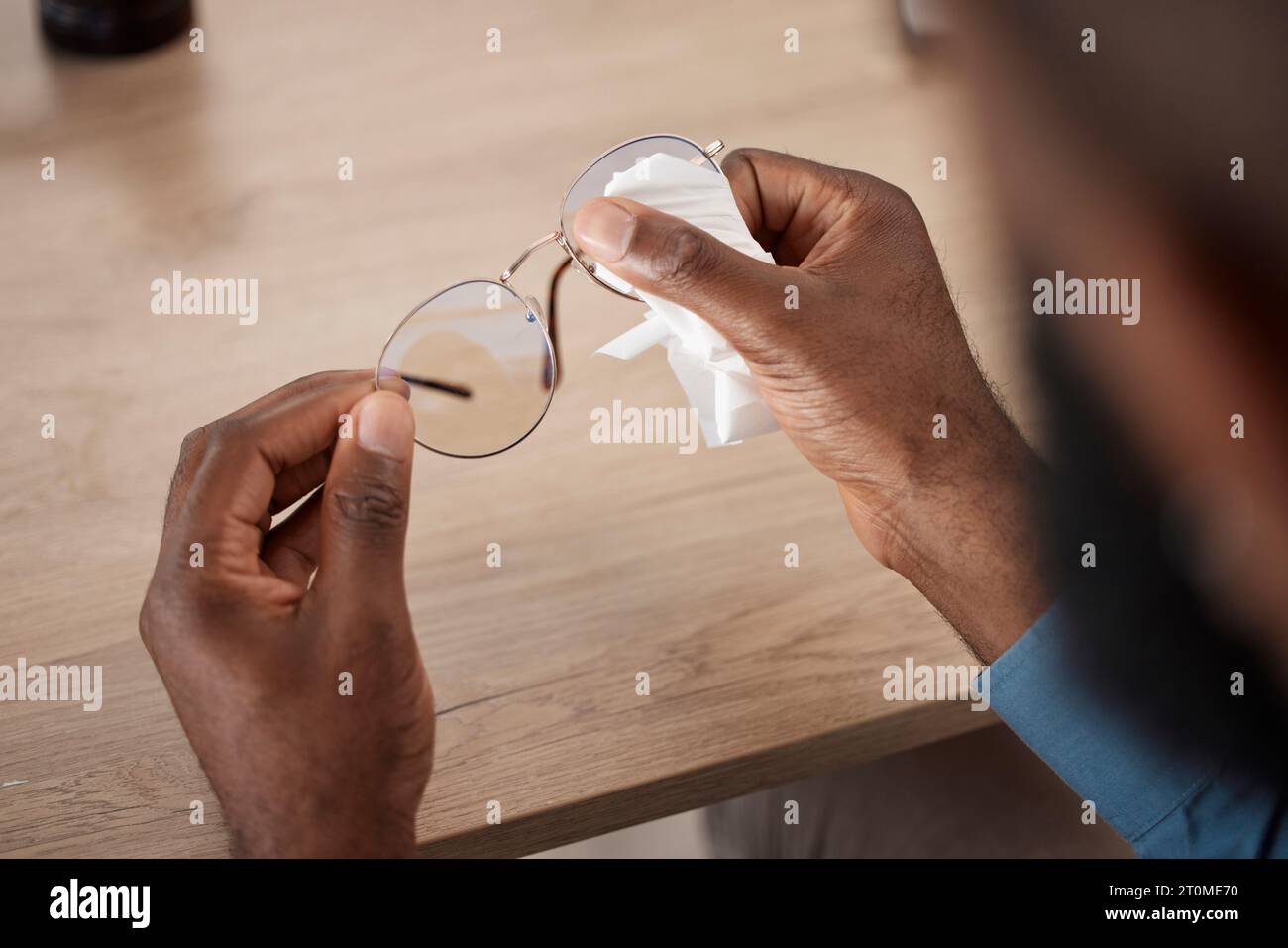 Hands, glasses and fabric for cleaning, closeup and maintenance for ...