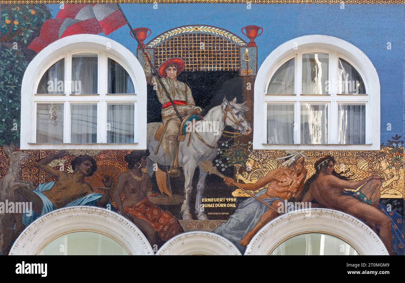 VIENNA, Austria - January 4, 2023: Close-up of the mosaic representing ...