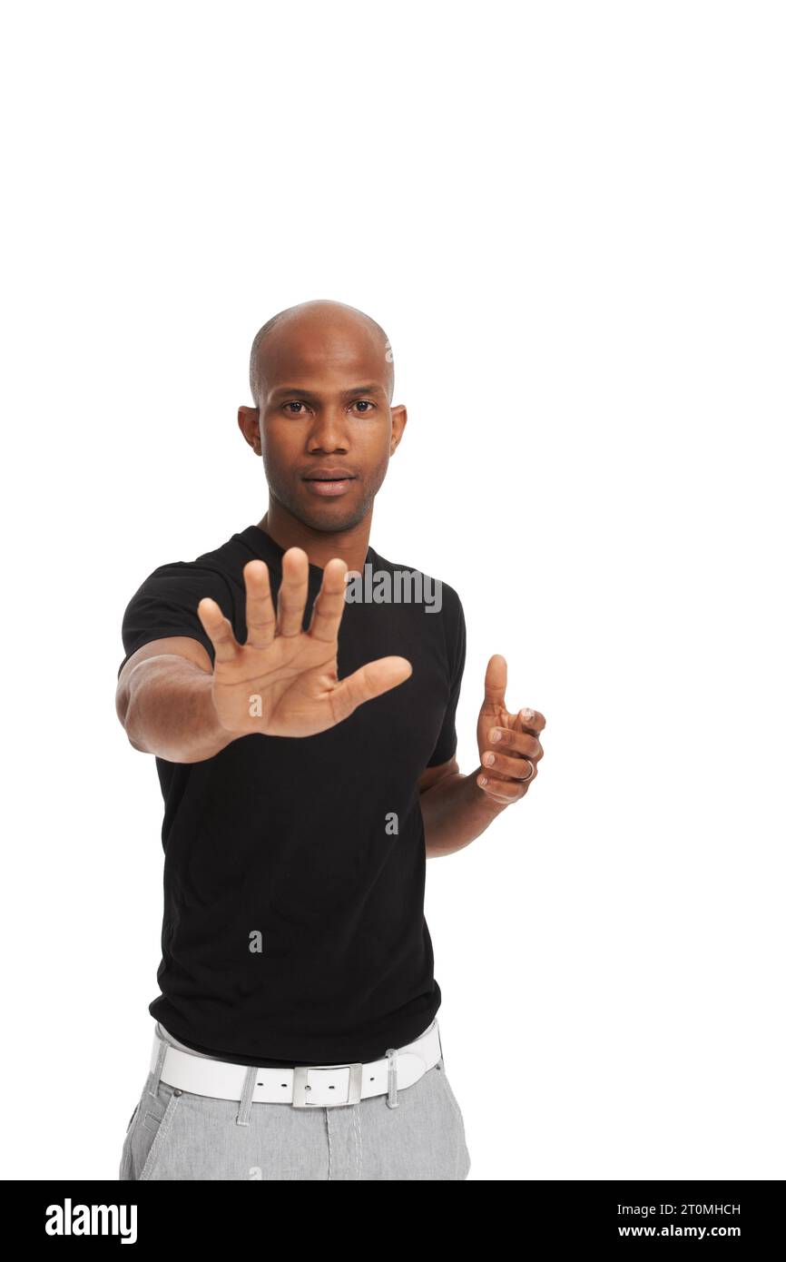 Studio portrait, man and stop gesture with hand for warning, order and ...