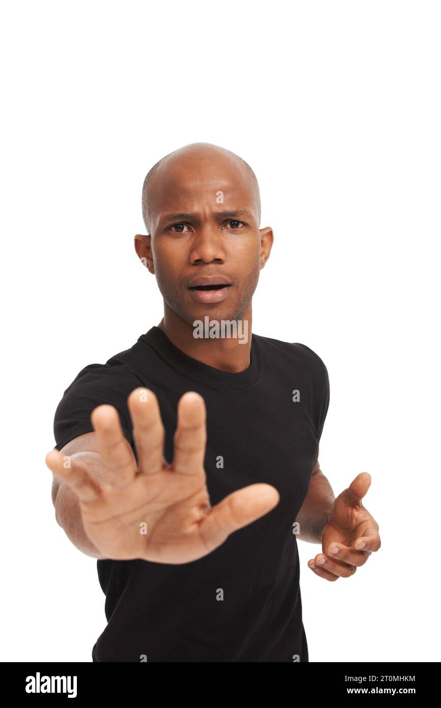 Portrait, man and hand gesture for stop for warning, order and threat ...