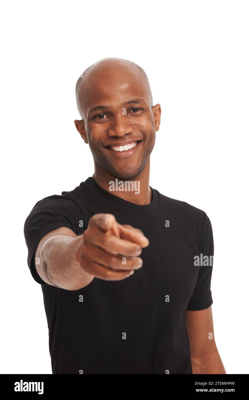 Portrait, happiness and man pointing for choice with selection and ...