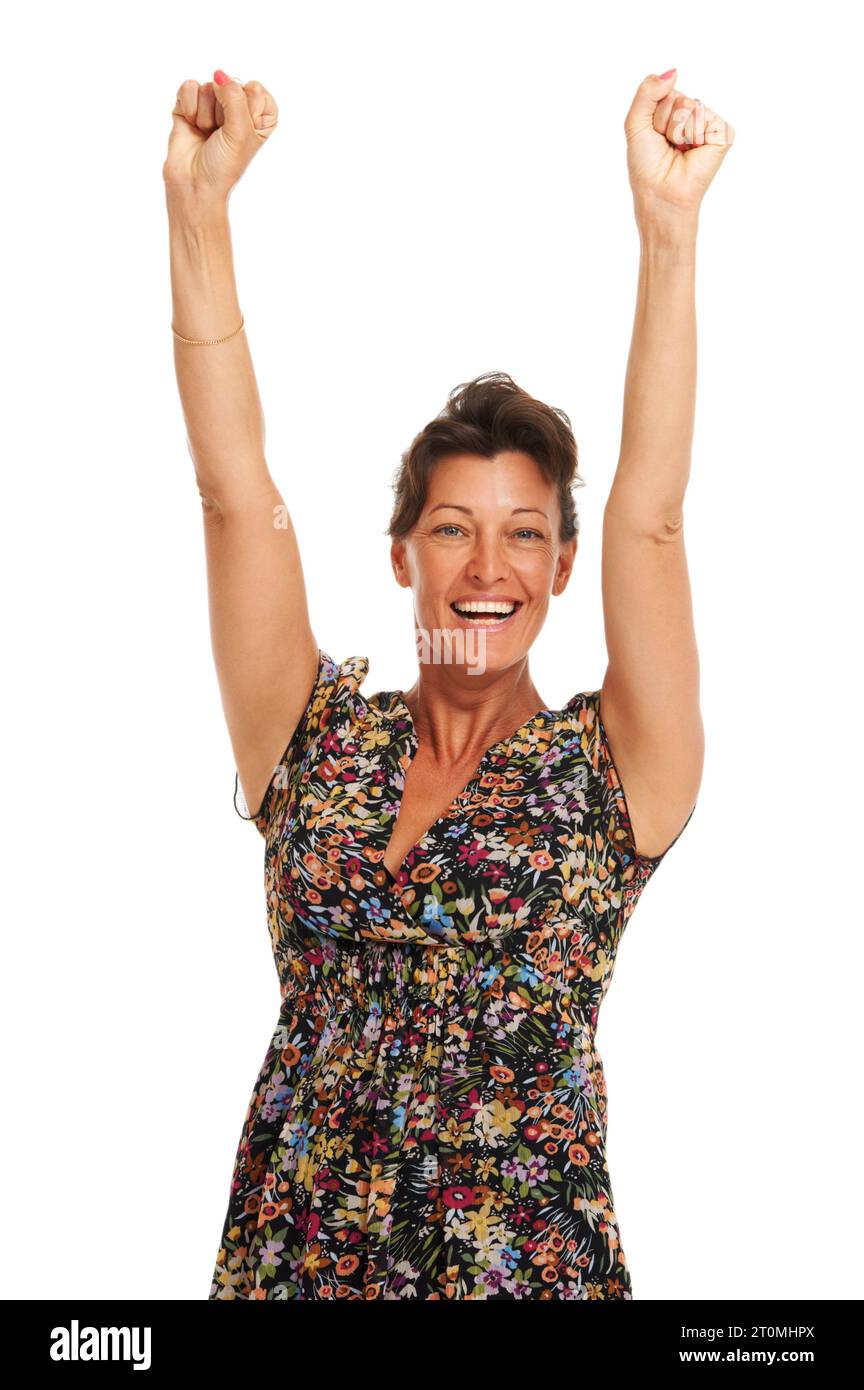 Woman, arms up or portrait winning in studio for happy celebration ...