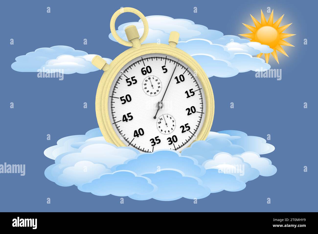 3D illustration. Gold chronograph isolated on background of sky and ...