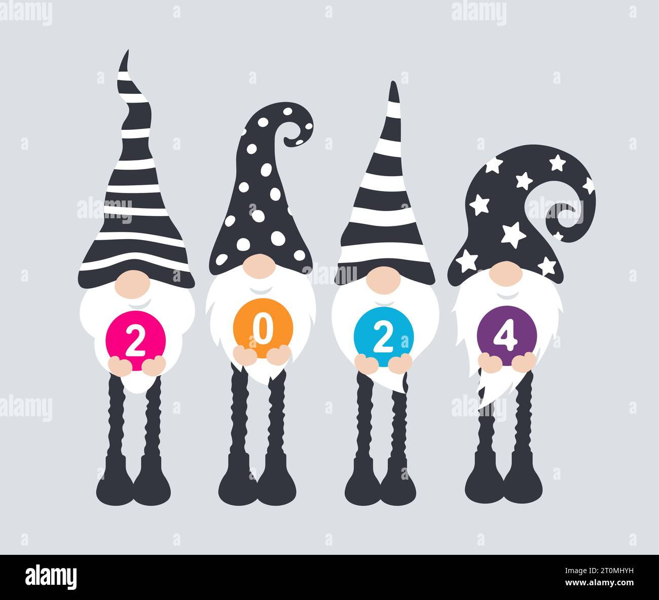 Four whimsical xmas gnomes in hat with balls and New Year 2024 numbers ...
