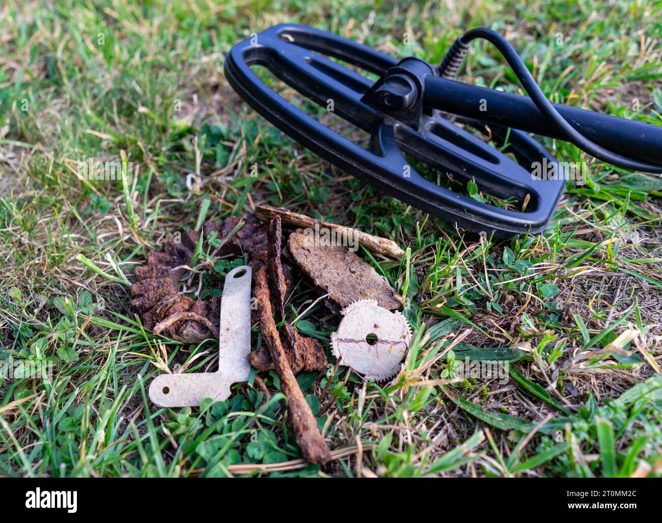 Find scrap metal in the field with the metal detector Stock Photo - Alamy