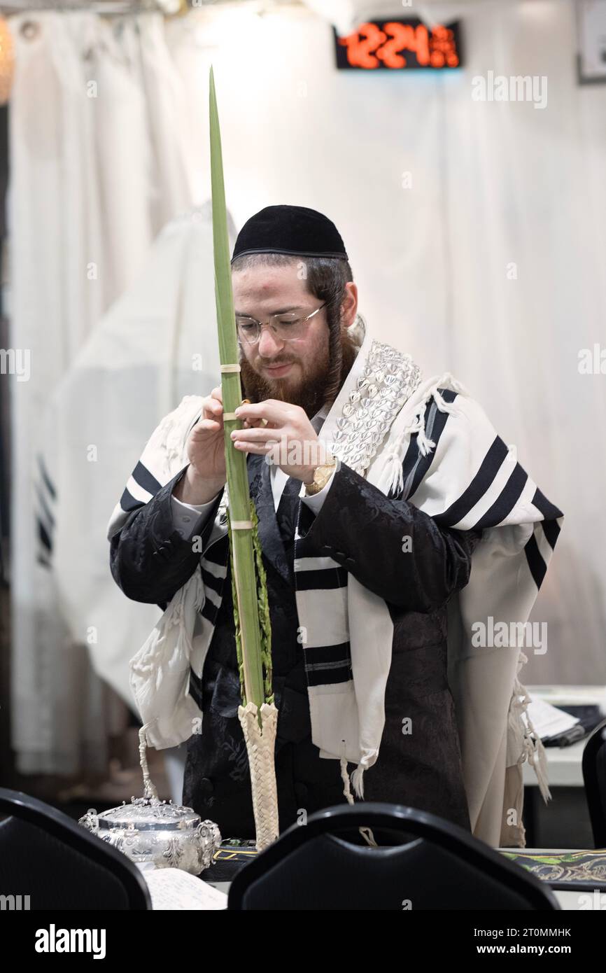 After Sukkos morning services, an orthodox Jewish man packs his lulav ...