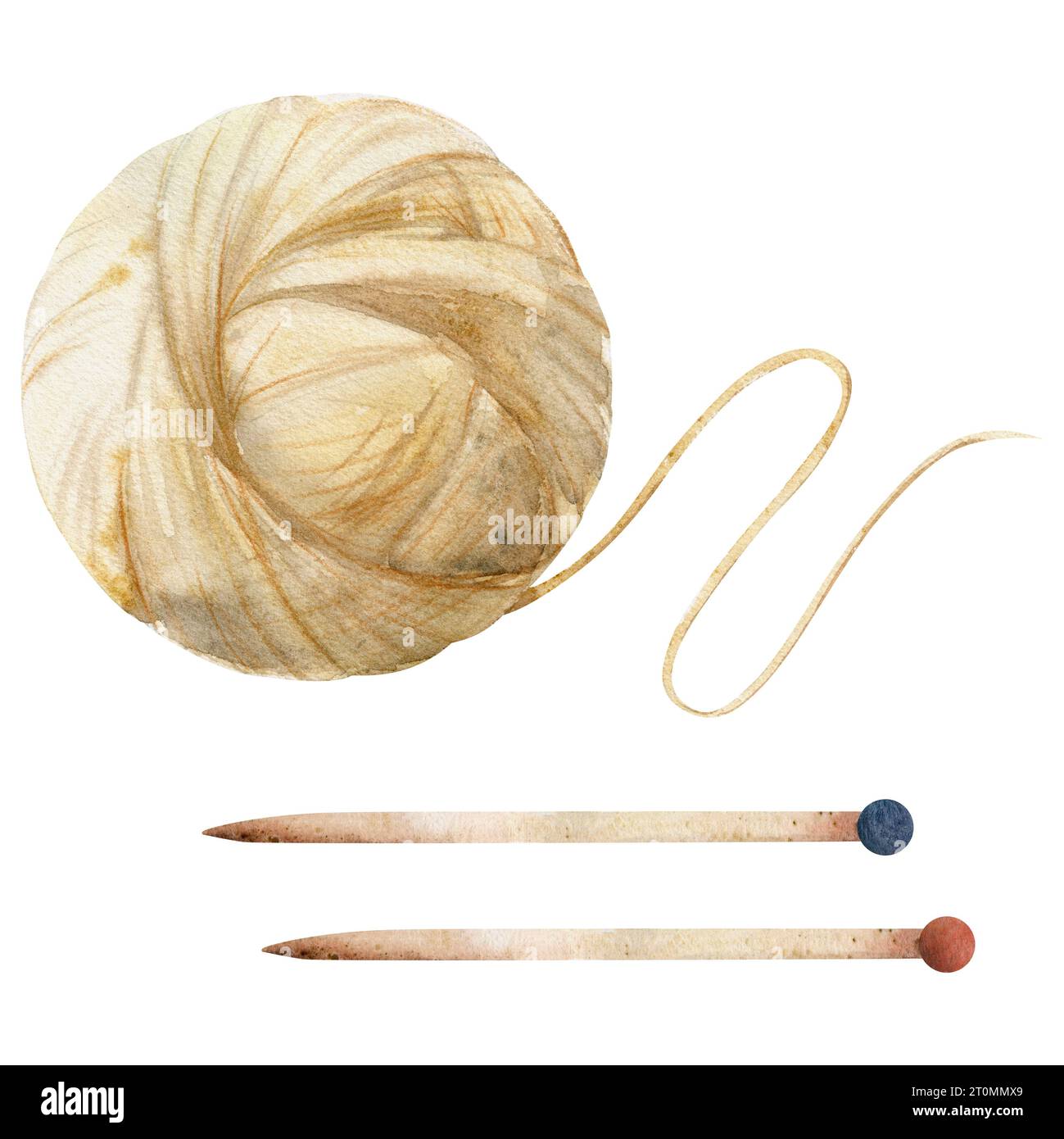 Hand drawn watercolor illustration. Beige ball of yarn with needles ...
