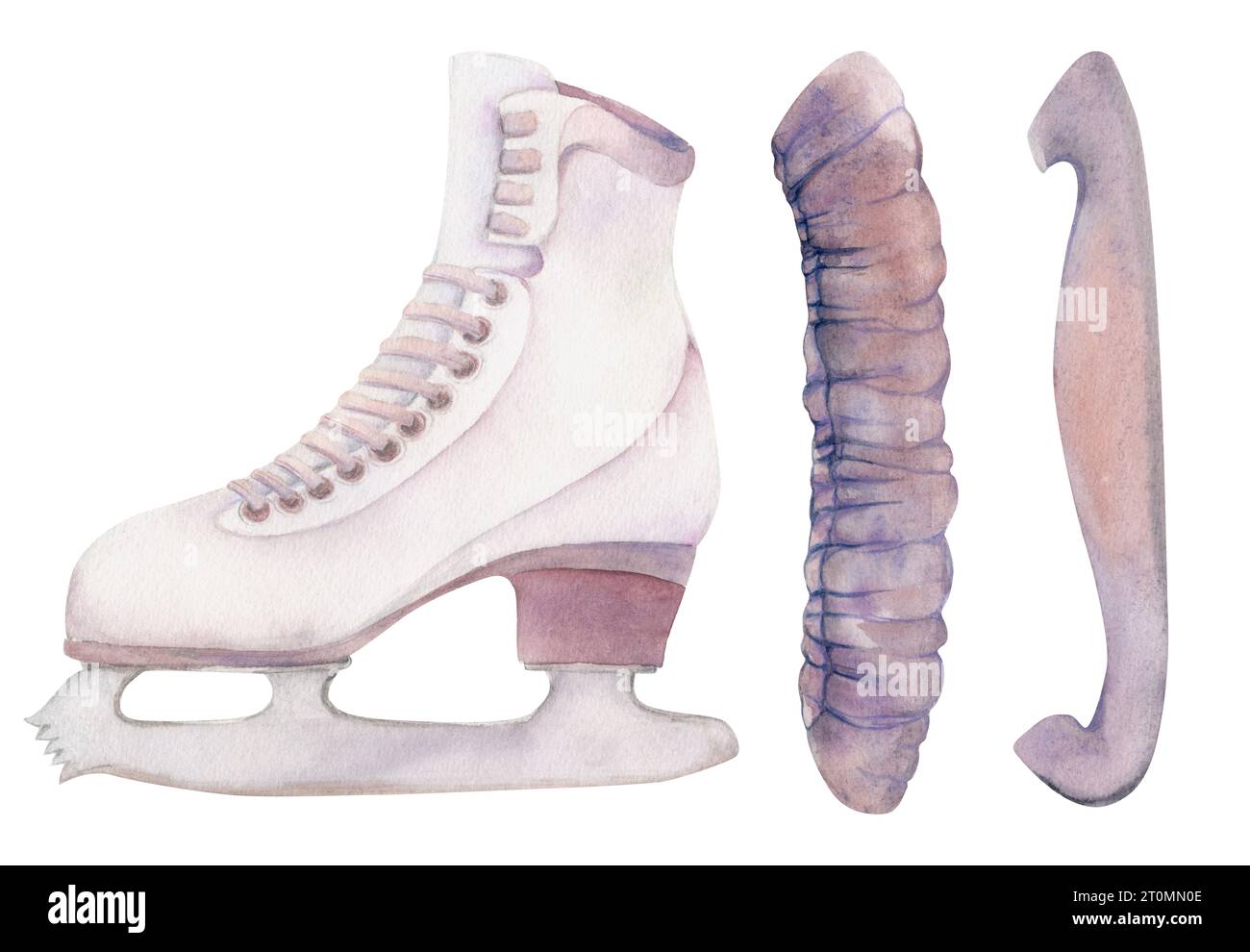 Hand drawn watercolor figure skating boots, guards and soakers, winter ...