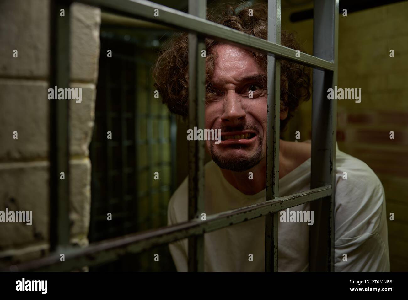 Portrait of crazy man with mad face crying bitterly in cage Stock Photo ...