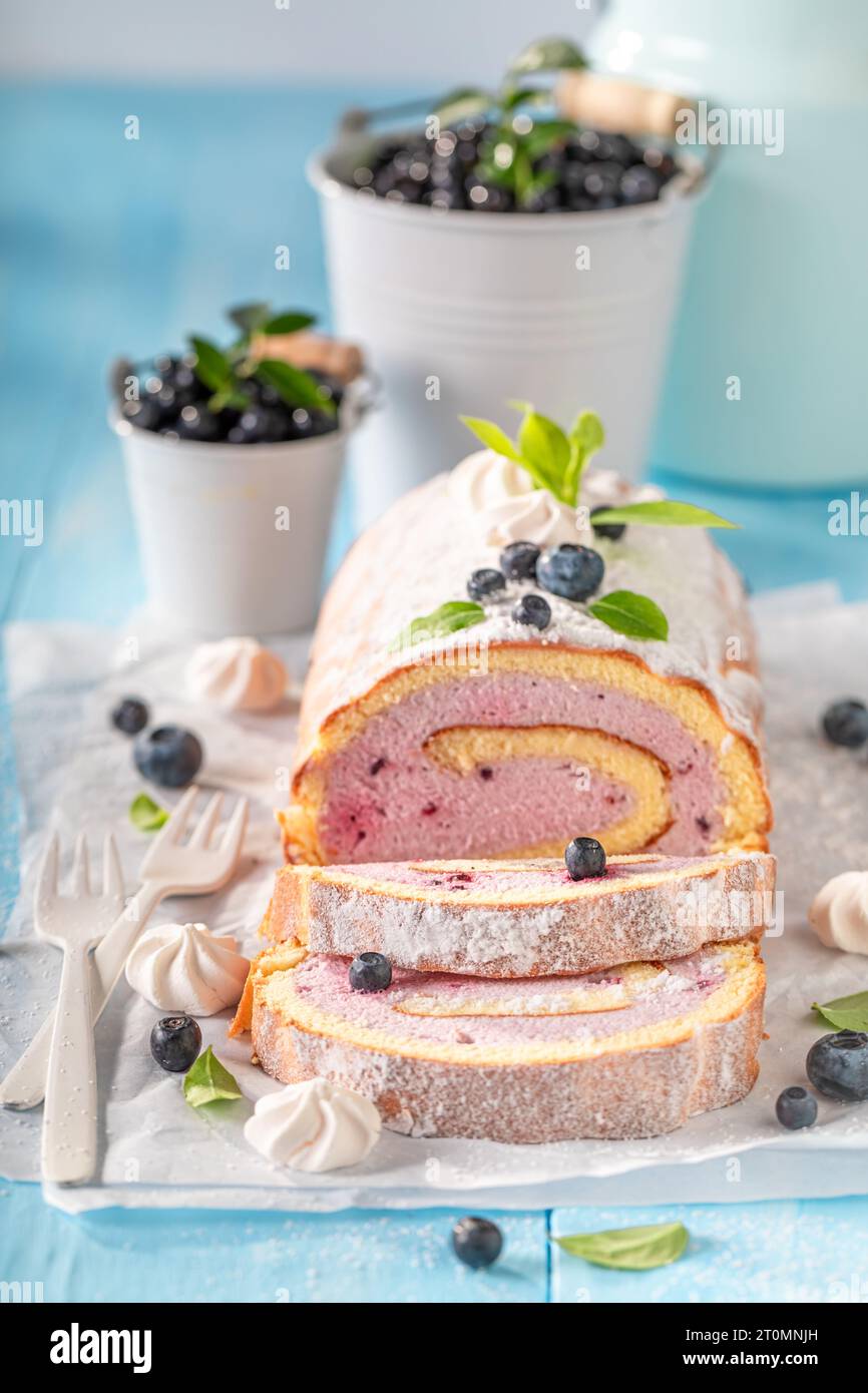 Sweet blueberry swiss roulade with powdered sugar and fruits. Swiss ...